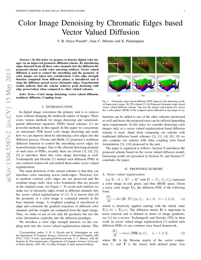 Color image denoising by chromatic edges based vector valued diffusion | DeepAI