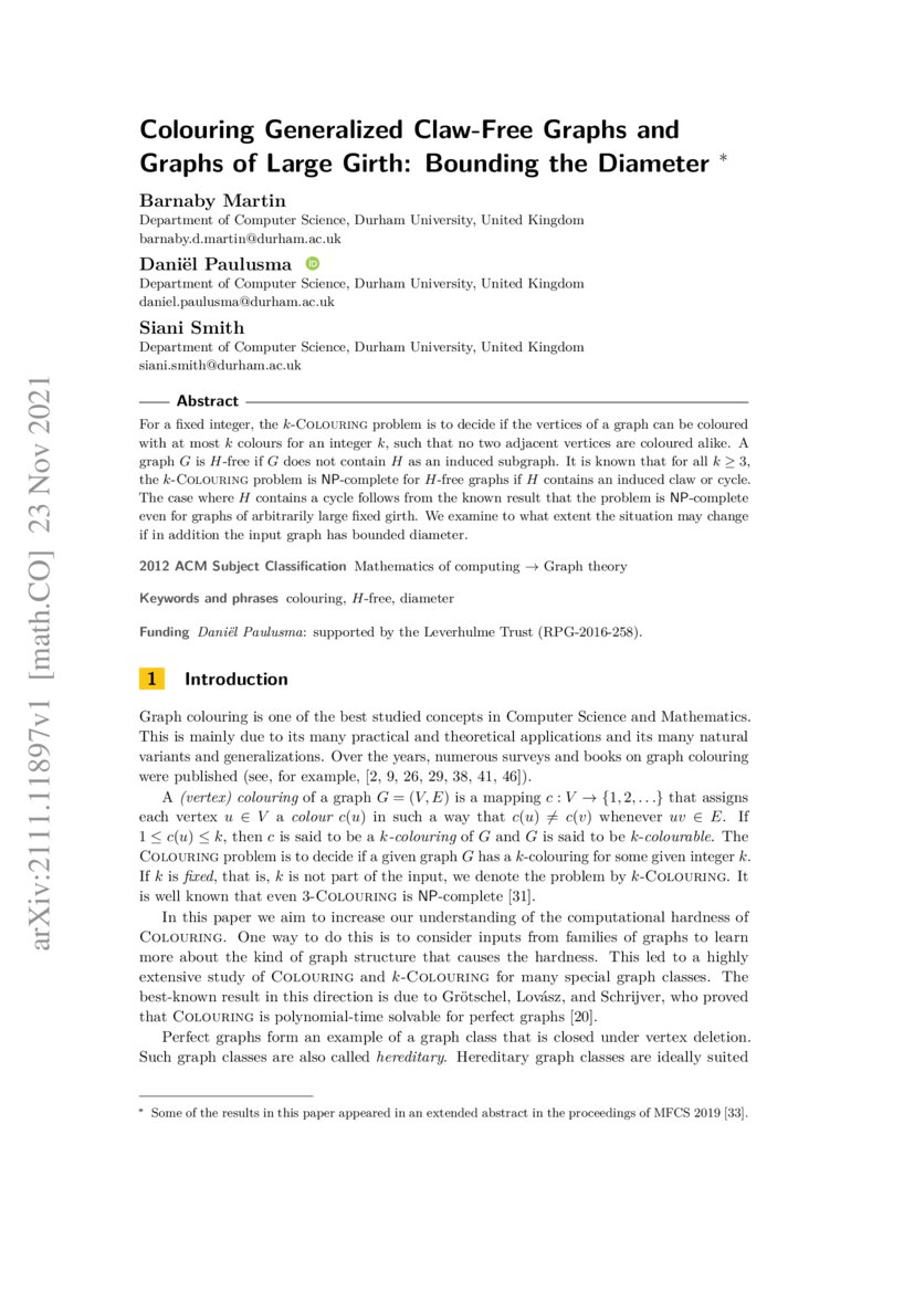 Colouring Generalized Claw-Free Graphs and Graphs of Large Girth ...