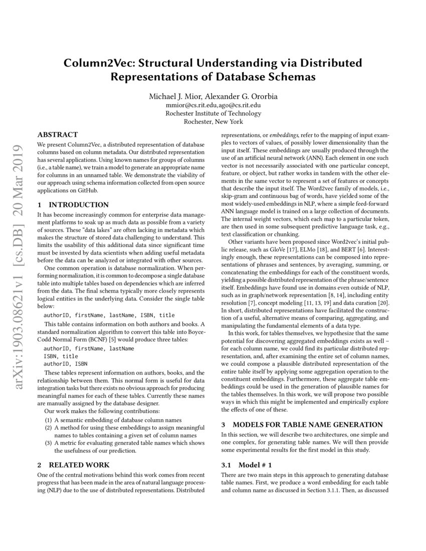 Column2Vec: Structural Understanding via Distributed Representations of Database Schemas | DeepAI