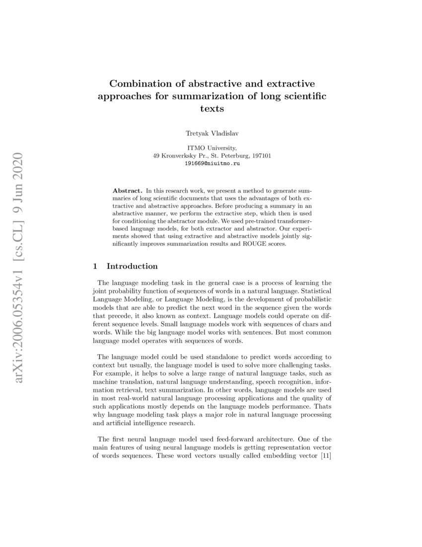 Combination Of Abstractive And Extractive Approaches For Summarization