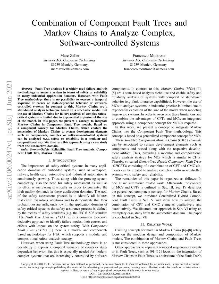 Combination of component fault trees and Markov chains to analyze complex, software-controlled ...