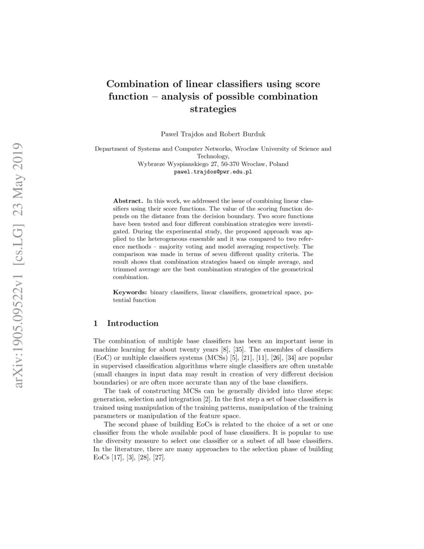 Combination Of Linear Classifiers Using Score Function Analysis Of
