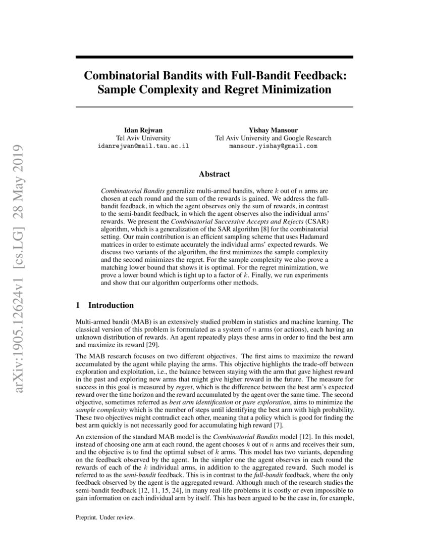 Combinatorial Bandits with Full-Bandit Feedback: Sample Complexity and Regret Minimization | DeepAI