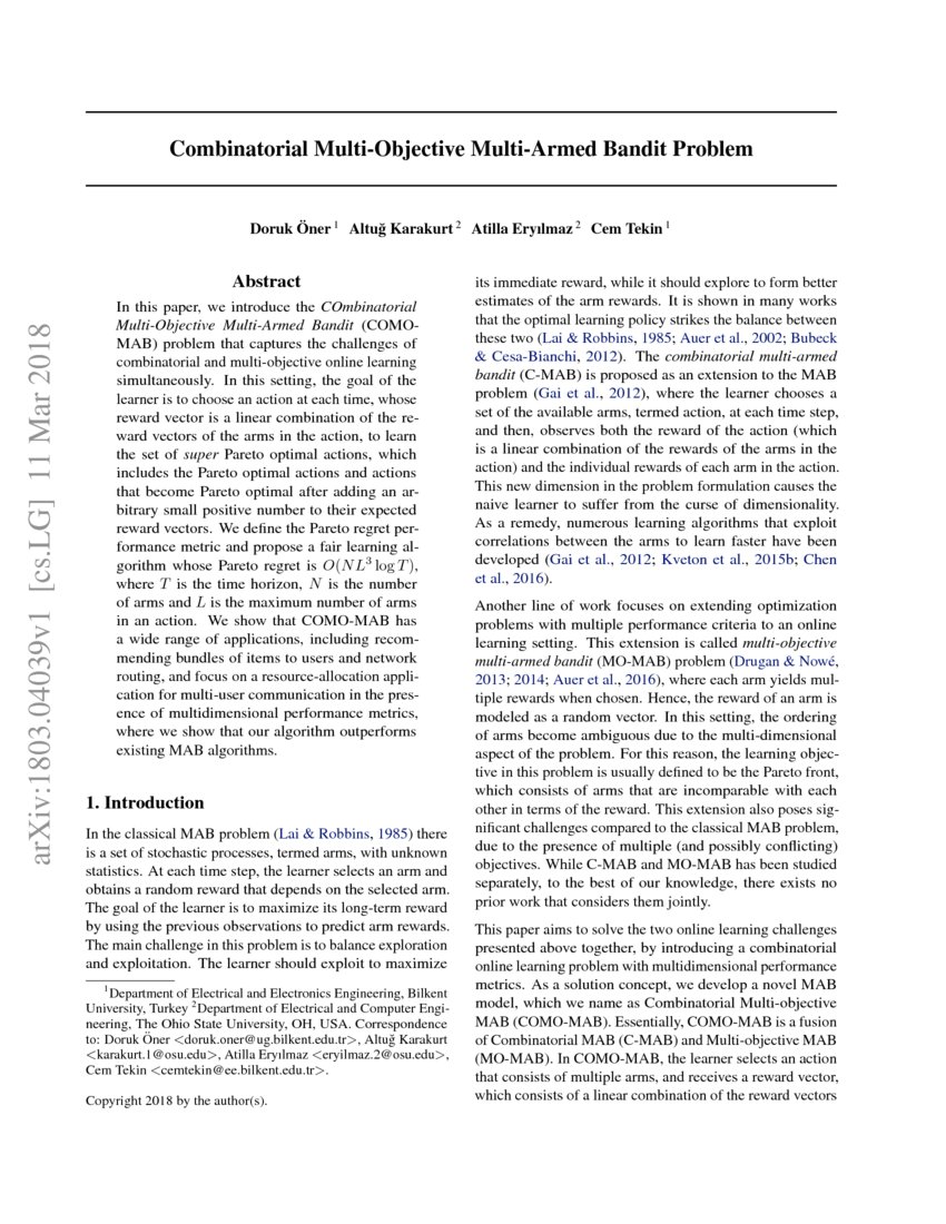 Combinatorial Multi Objective Multi Armed Bandit Problem Deepai