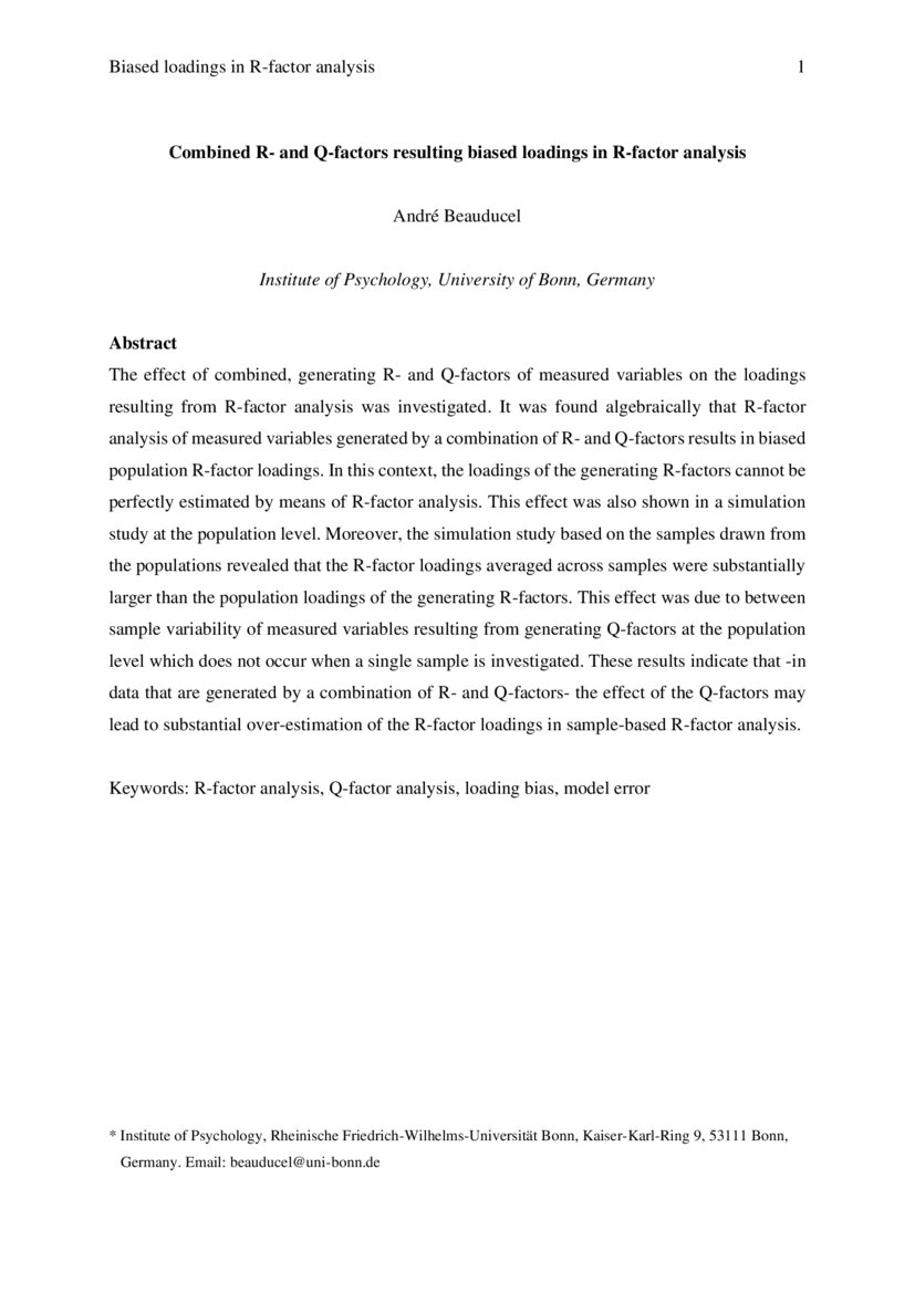 R factor Analysis Of Data Generated By A Combination Of R And Q