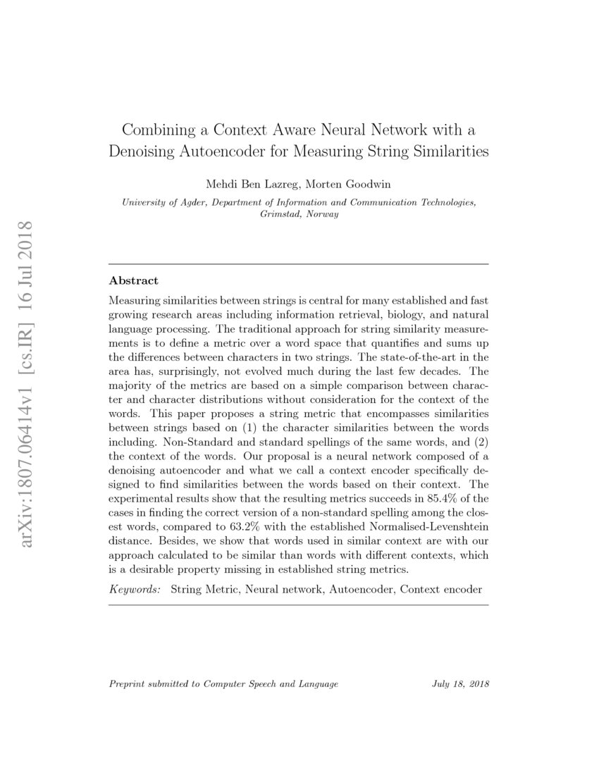 Combining A Context Aware Neural Network With A Denoising Autoencoder For Measuring String