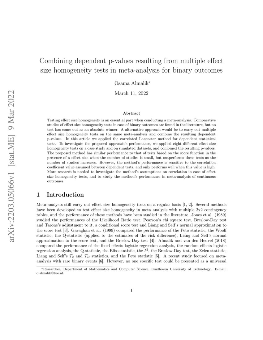 Combining dependent p-values resulting from multiple effect size ... Combining dependent p-values resulting from multiple effect size ...