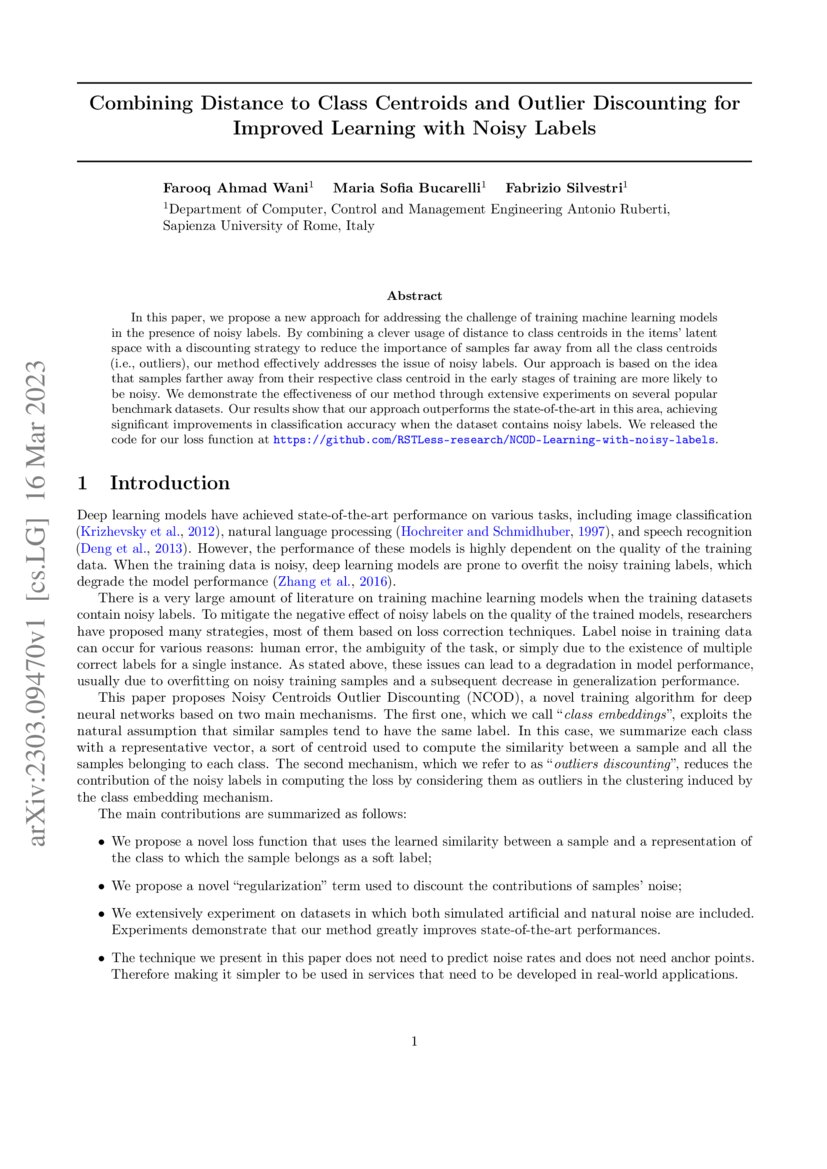 Combining Distance To Class Centroids And Outlier Discounting For Improved Learning With Noisy