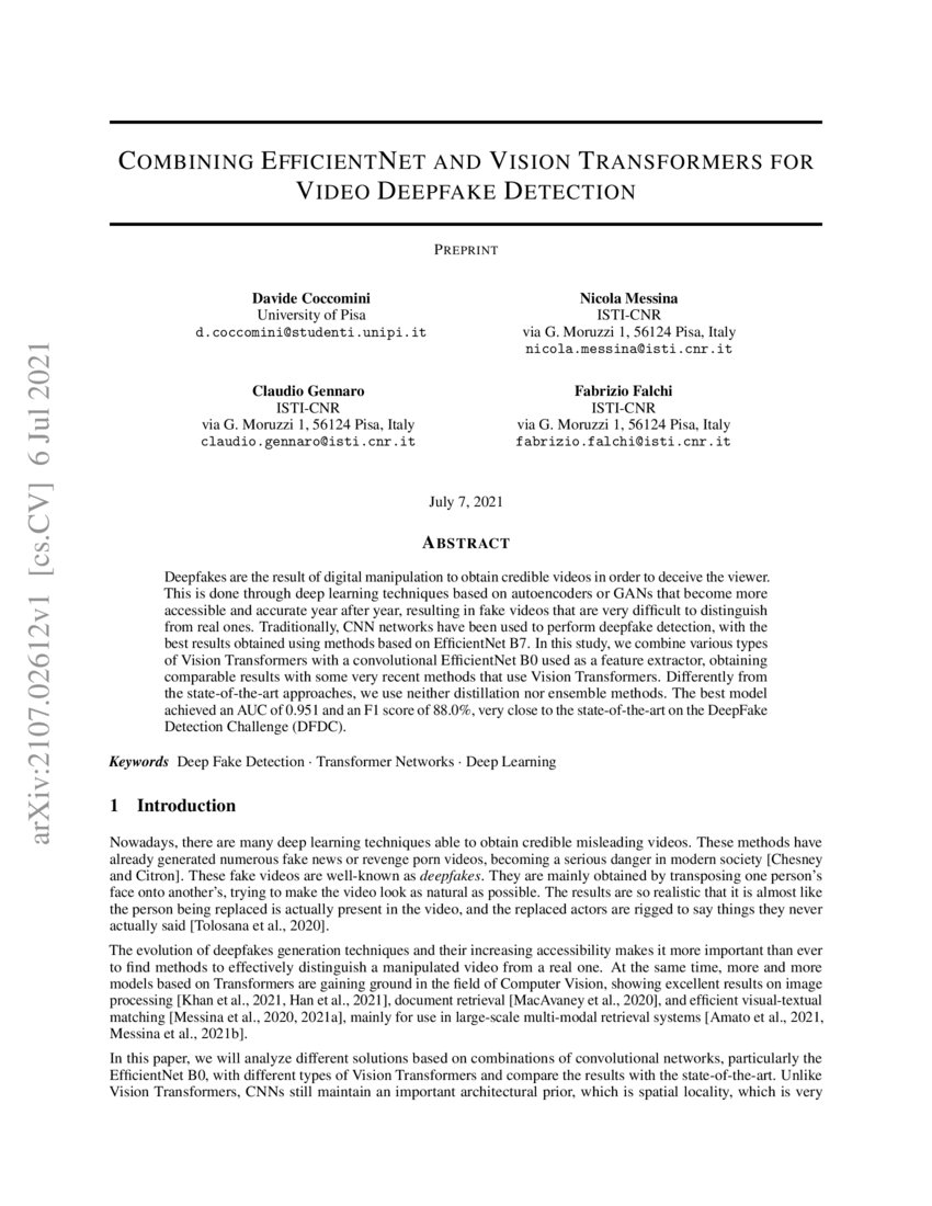 Combining EfficientNet and Vision Transformers for Video Deepfake Detection | DeepAI