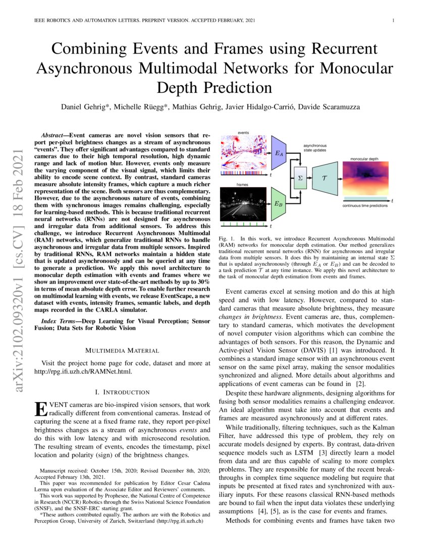 Combining Events and Frames using Recurrent Asynchronous Multimodal Networks for Monocular Depth ...