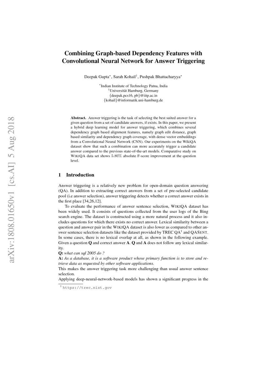 Combining Graph Based Dependency Features With Convolutional Neural Network For Answer