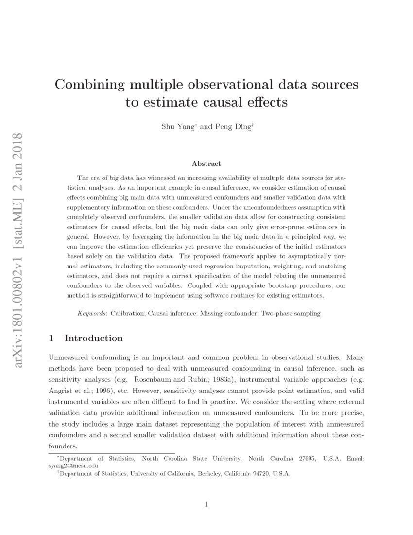 Combining Multiple Observational Data Sources To Estimate Causal