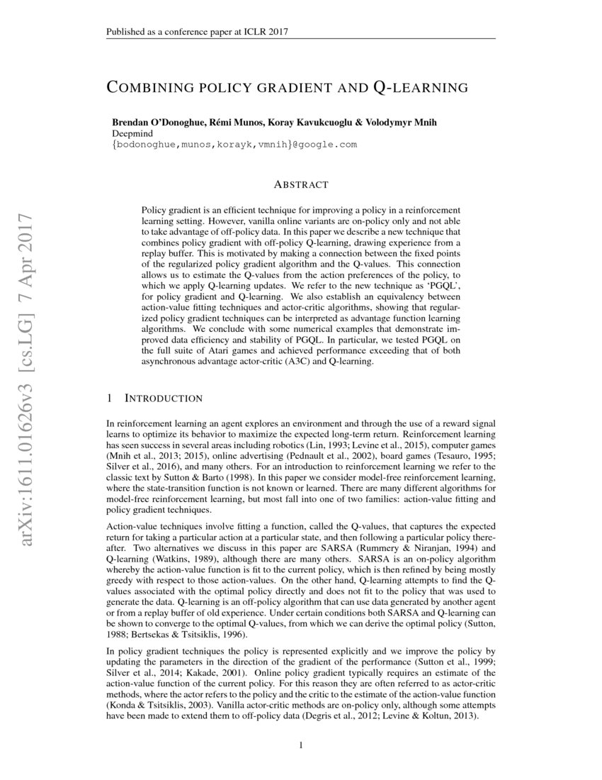Combining policy gradient and Q-learning | DeepAI