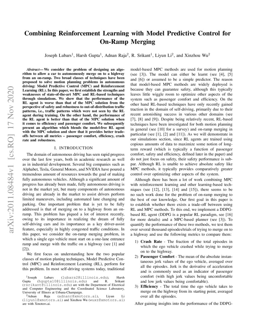 Combining Reinforcement Learning With Model Predictive Control For On