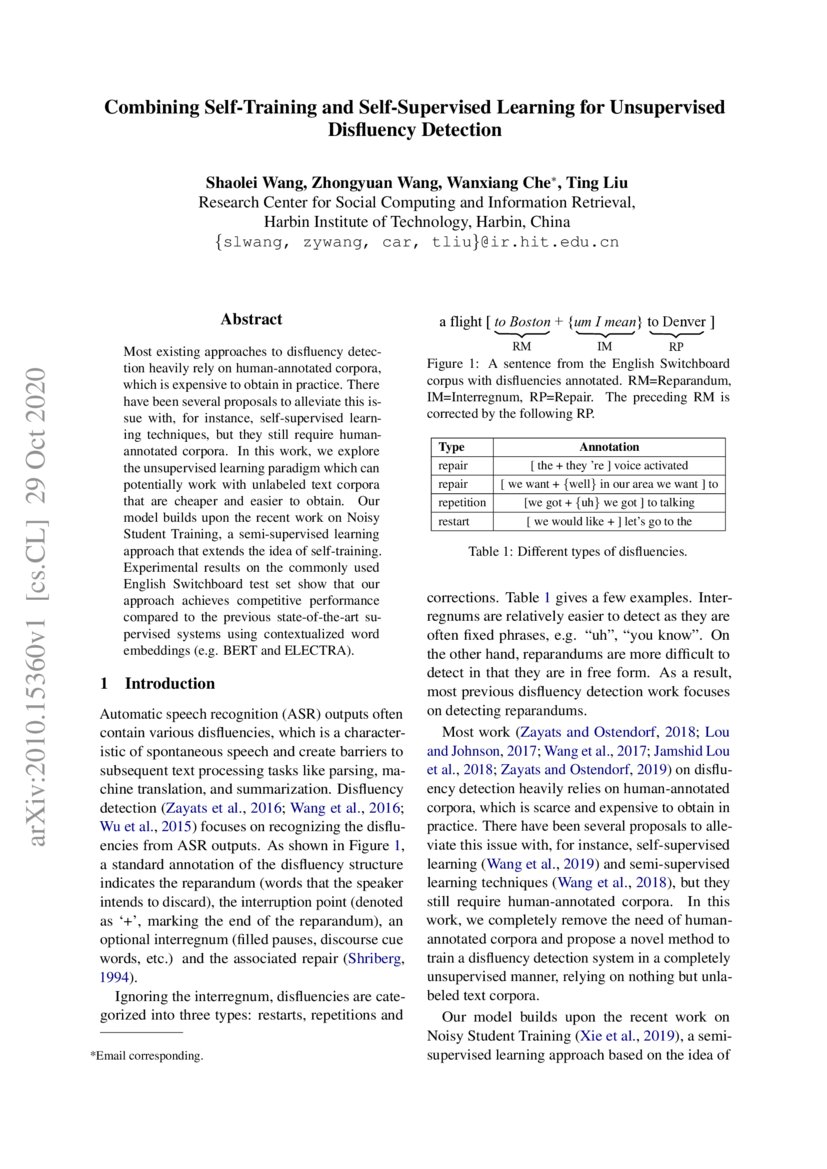 Combining Self Training And Self Supervised Learning For Unsupervised Disfluency Detection Deepai