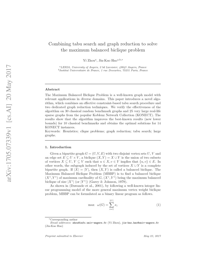 Combining tabu search and graph reduction to solve the maximum balanced biclique problem | DeepAI