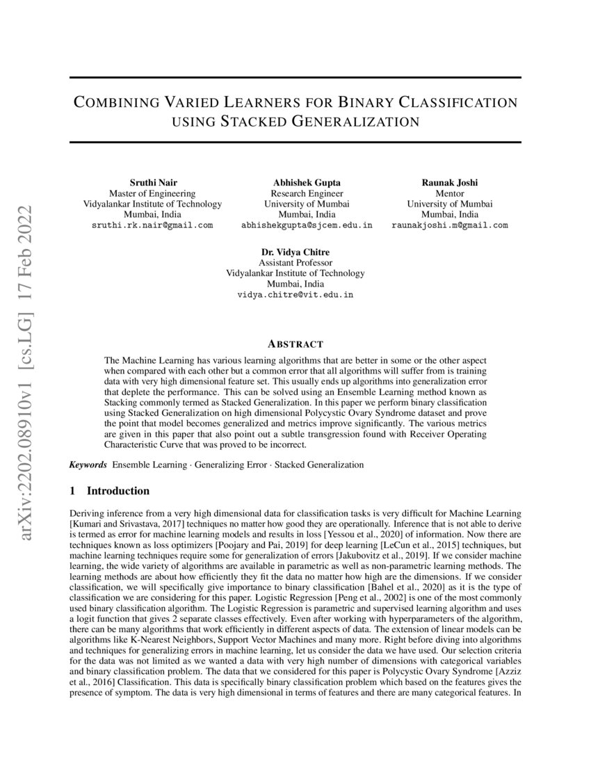 Combining Varied Learners for Binary Classification using Stacked ... Combining Varied Learners for Binary Classification using Stacked ...