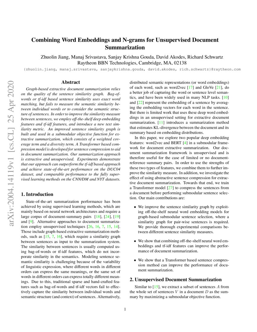 Combining Word Embeddings and N-grams for Unsupervised Document Summarization | DeepAI