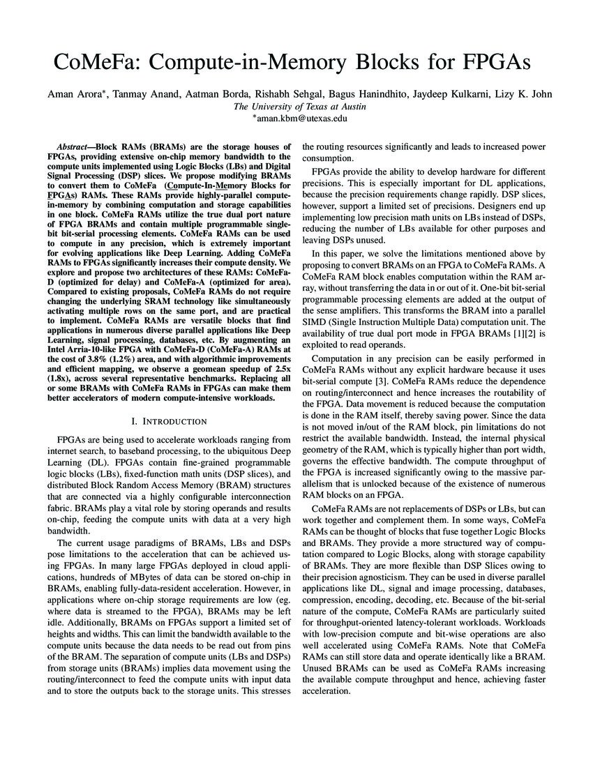 CoMeFa: Compute-in-Memory Blocks for FPGAs | DeepAI