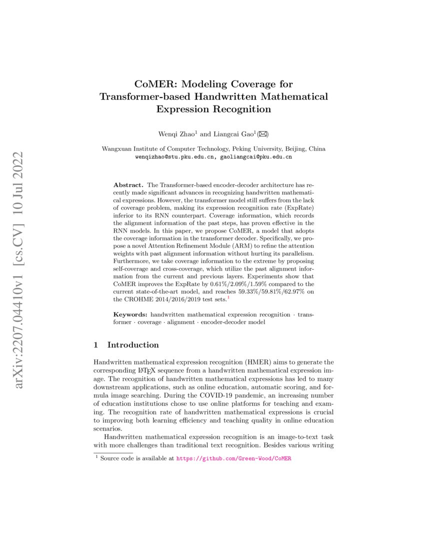 CoMER: Modeling Coverage for Transformer-based Handwritten Mathematical Expression Recognition ...