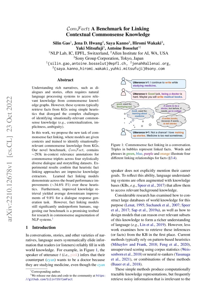 ComFact: A Benchmark for Linking Contextual Commonsense Knowledge | DeepAI
