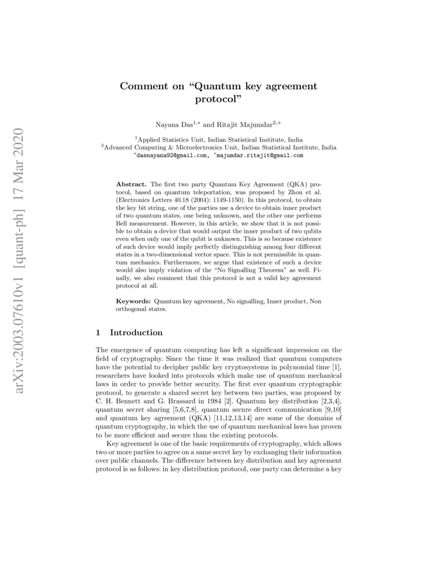 Comment on "Quantum key agreement protocol" | DeepAI