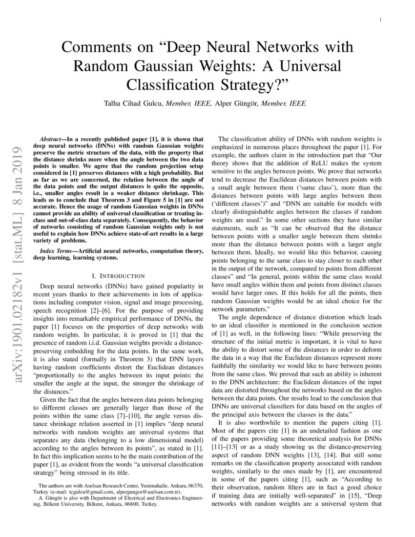 Comments on "Deep Neural Networks with Random Gaussian Weights: A Universal Classification ...