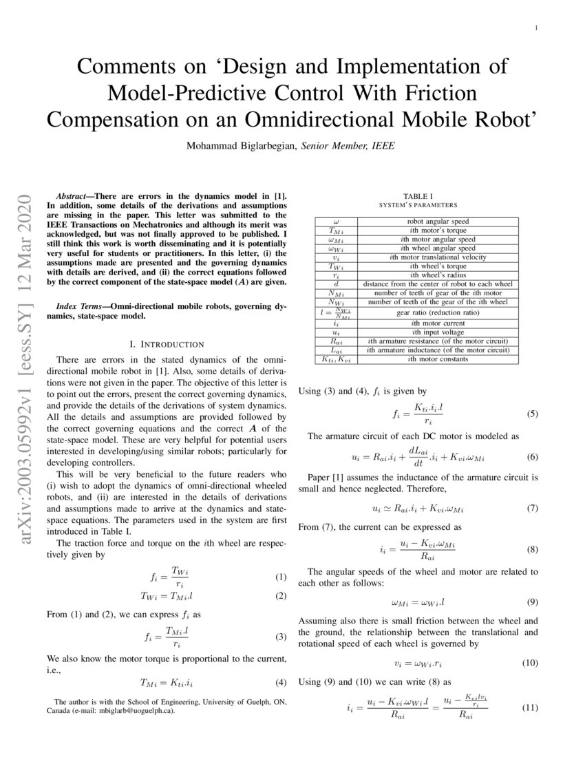 Comments On `design And Implementation Of Model Predictive Control With Friction Compensation On