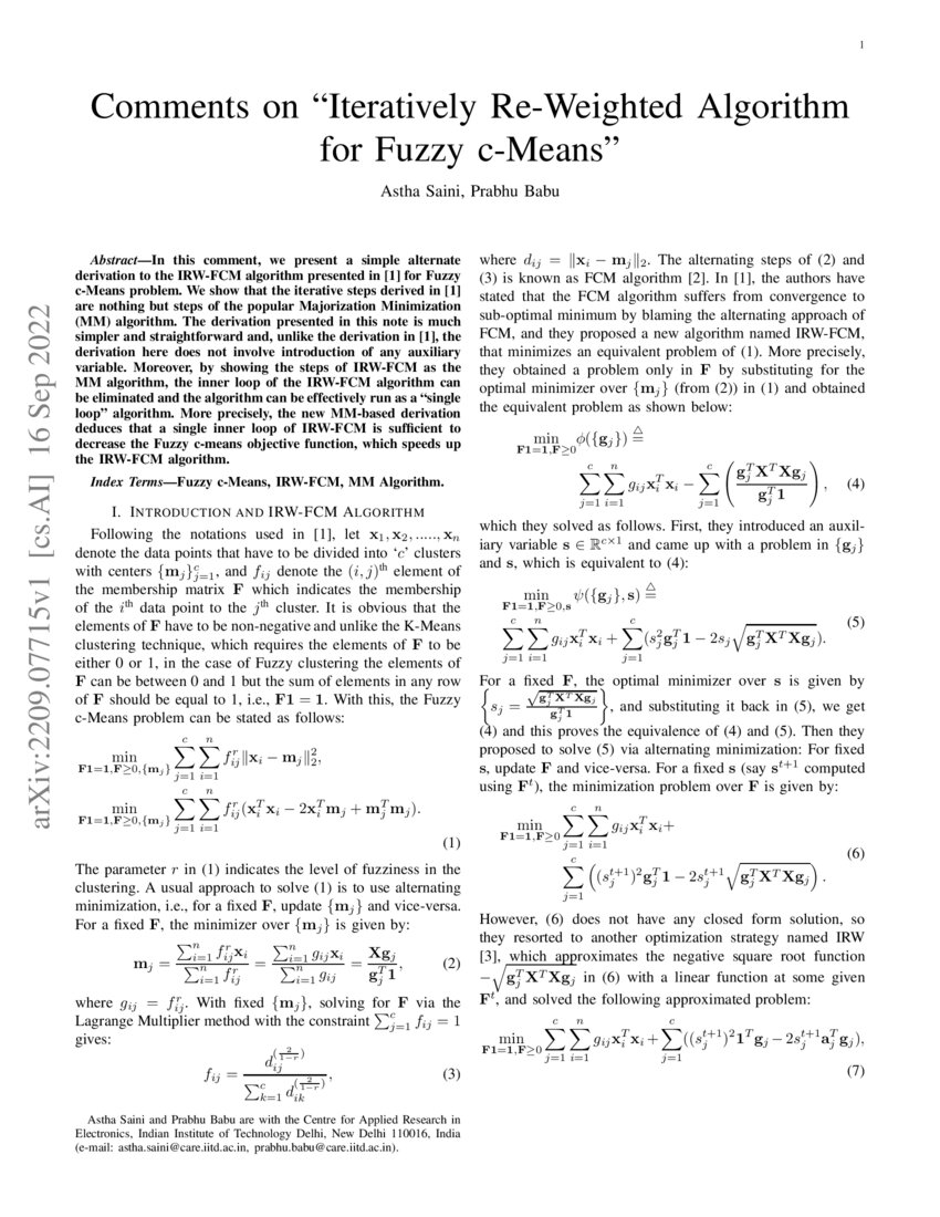 Comments On Iteratively Re Weighted Algorithm For Fuzzy C Means Deepai
