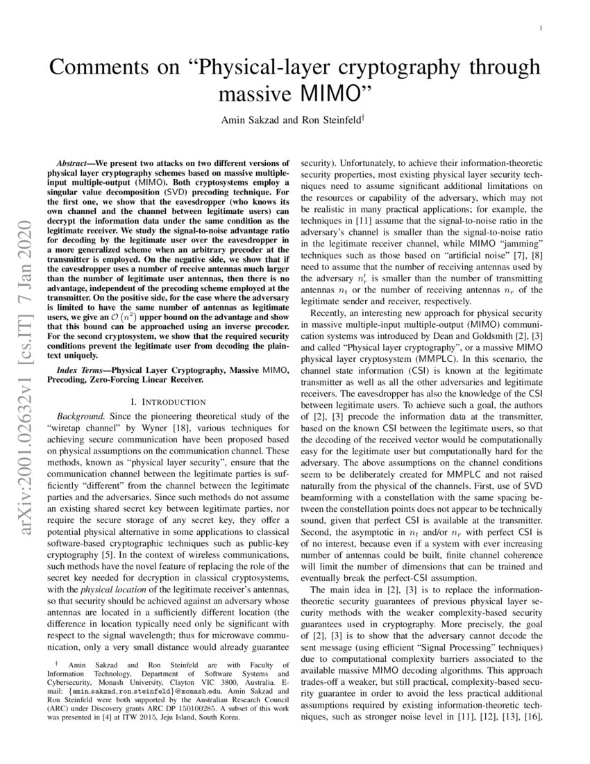Comments on "Physical-layer cryptography through massive MIMO" | DeepAI