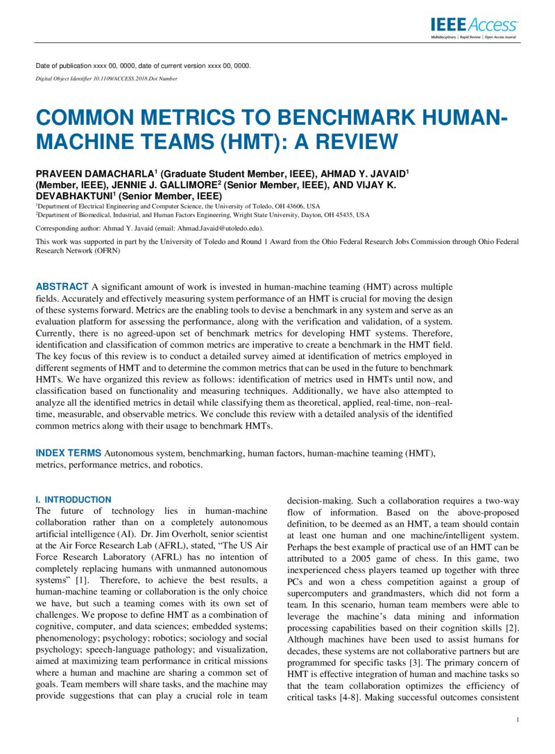 Common Metrics to Benchmark Human-Machine Teams (HMT): A Review | DeepAI