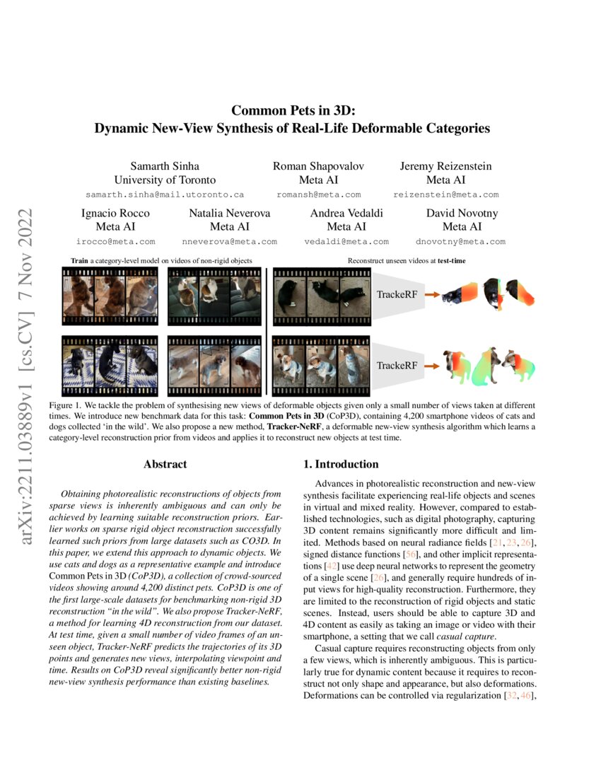 Common Pets in 3D: Dynamic New-View Synthesis of Real-Life Deformable Categories | DeepAI