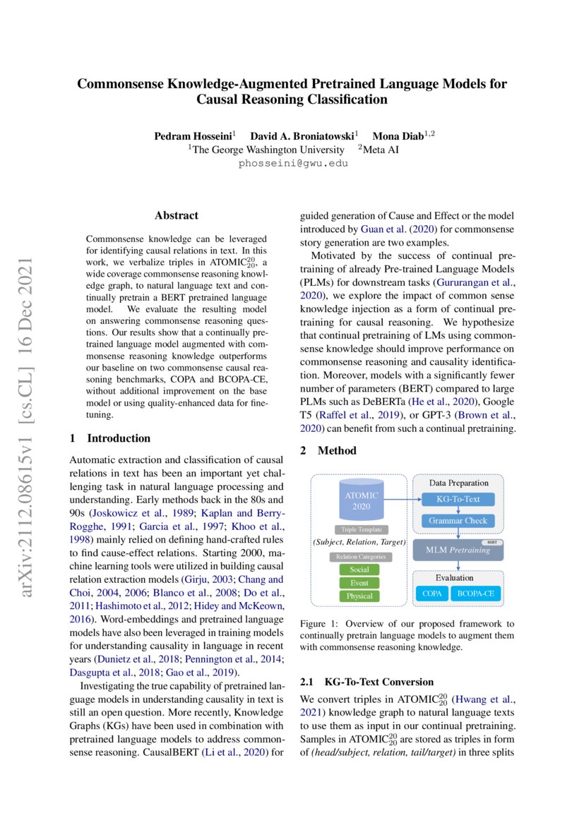 Commonsense Knowledge-Augmented Pretrained Language Models for Causal Reasoning Classification ...