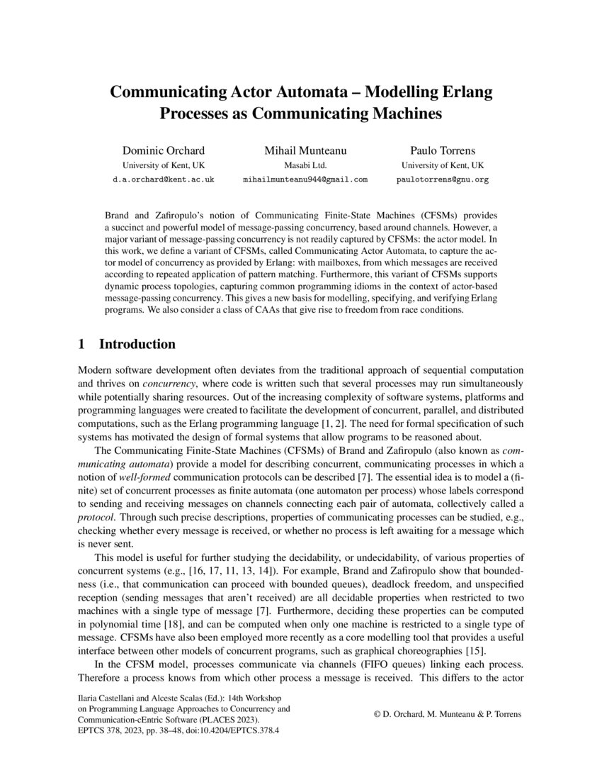 Communicating Actor Automata – Modelling Erlang Processes as Communicating Machines | DeepAI