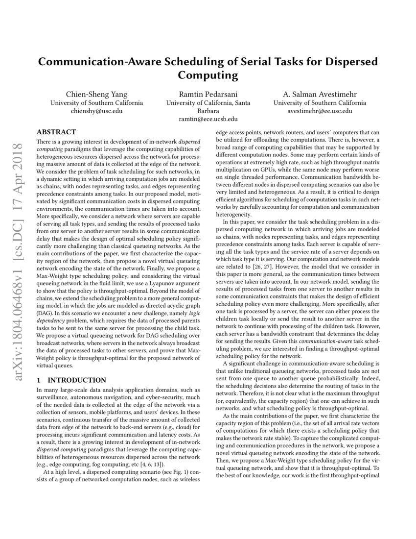 Communication Aware Scheduling Of Serial Tasks For Dispersed Computing Deepai