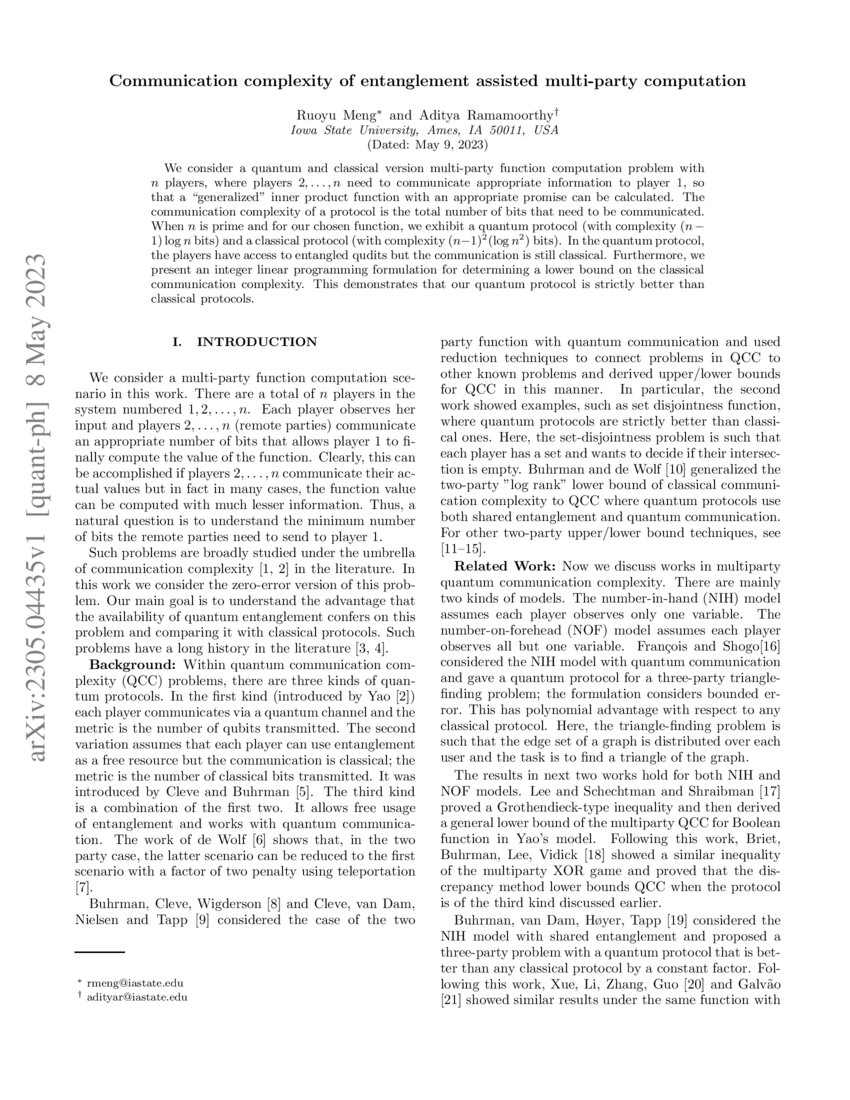 Communication Complexity Of Entanglement Assisted Multi Party Computation Deepai