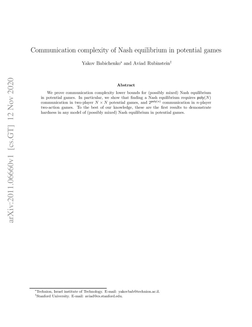 Communication complexity of Nash equilibrium in potential games | DeepAI