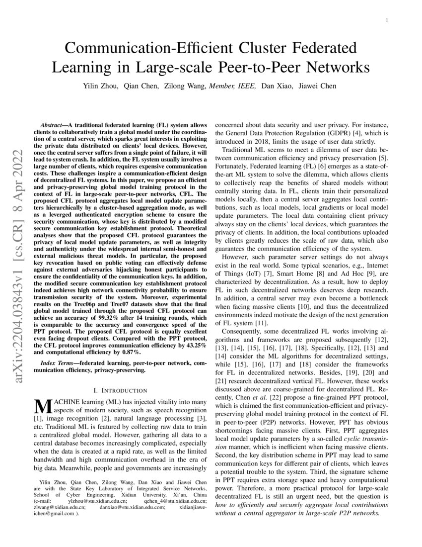 Communication Efficient Cluster Federated Learning In Large Scale Peer To Peer Networks Deepai