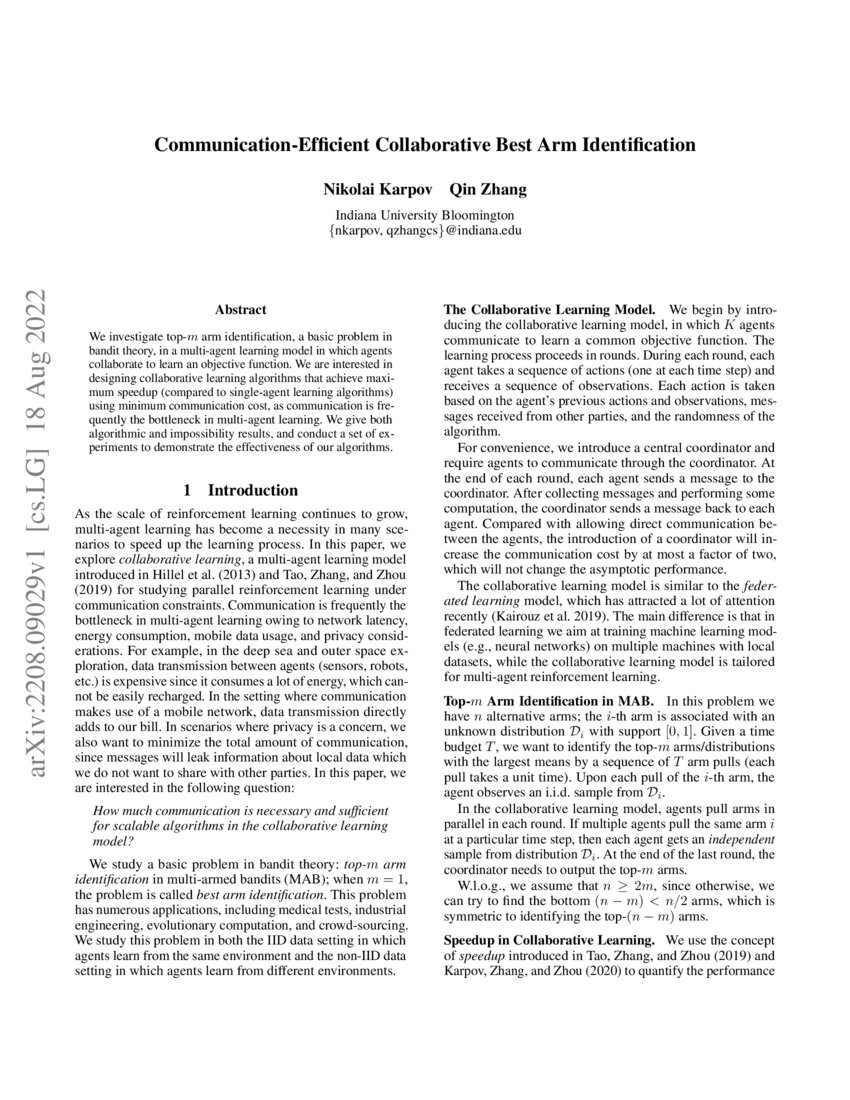Communication-Efficient Collaborative Best Arm Identification | DeepAI