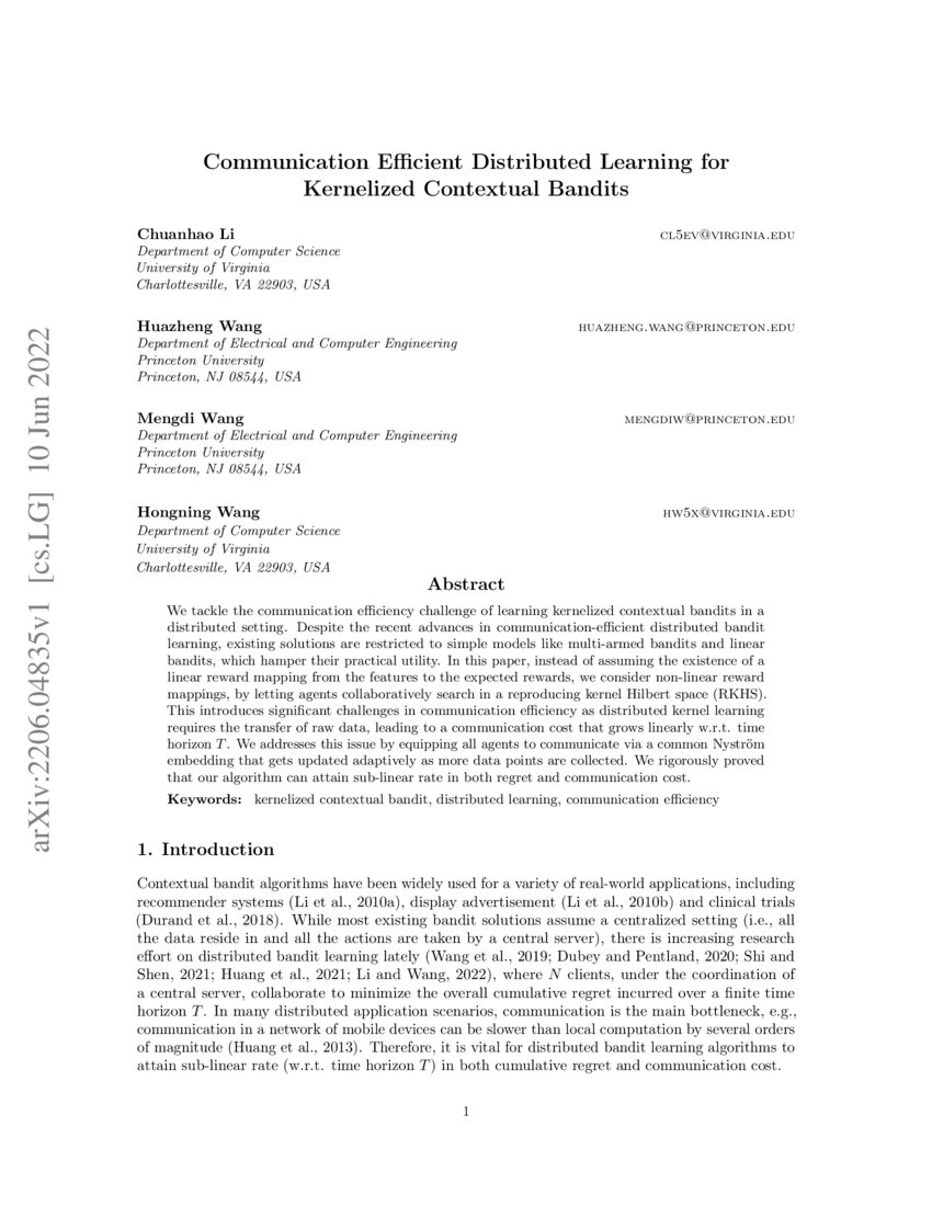 Communication Efficient Distributed Learning For Kernelized Contextual Bandits Deepai