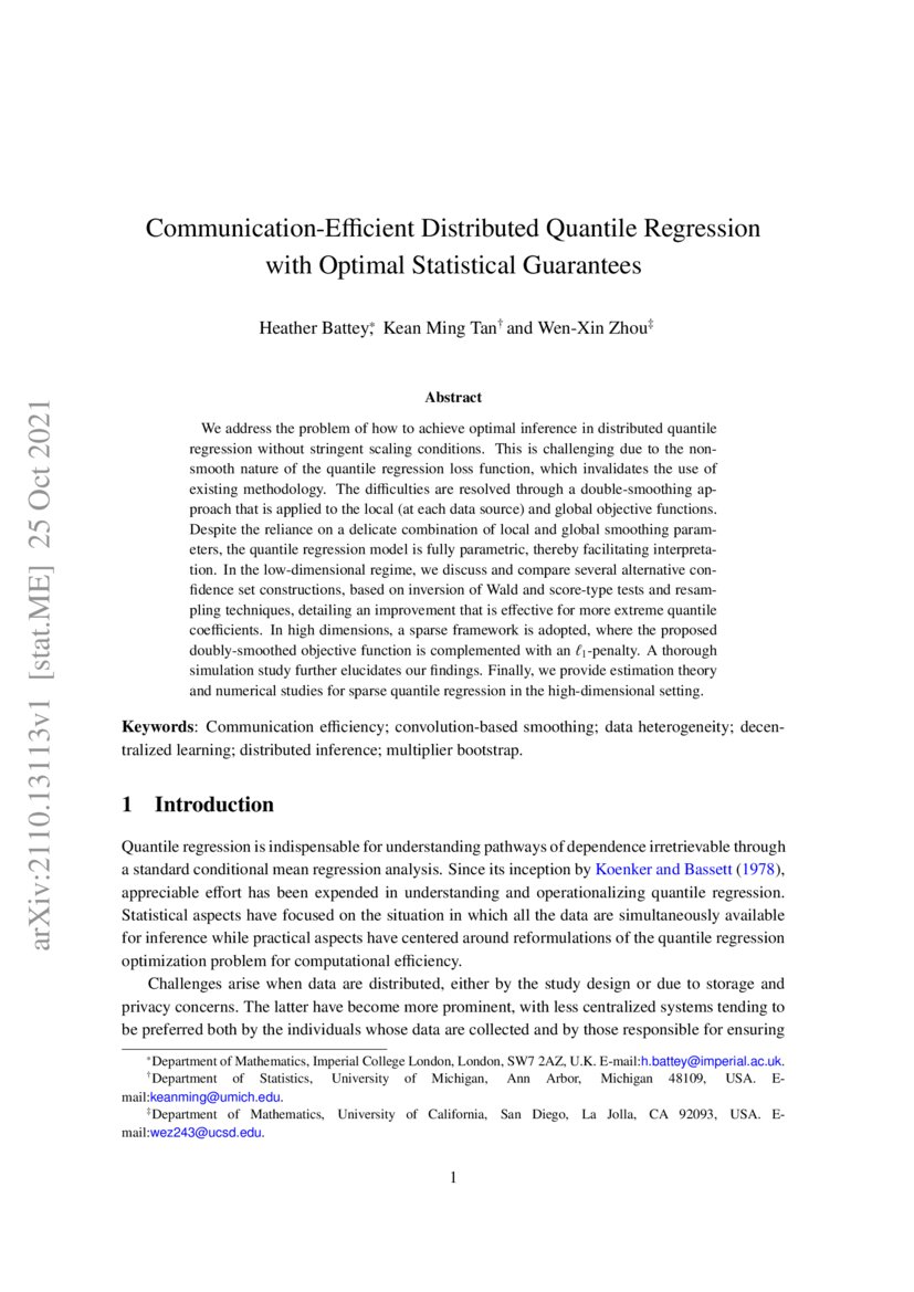 Communication Efficient Distributed Quantile Regression With Optimal Statistical Guarantees Deepai