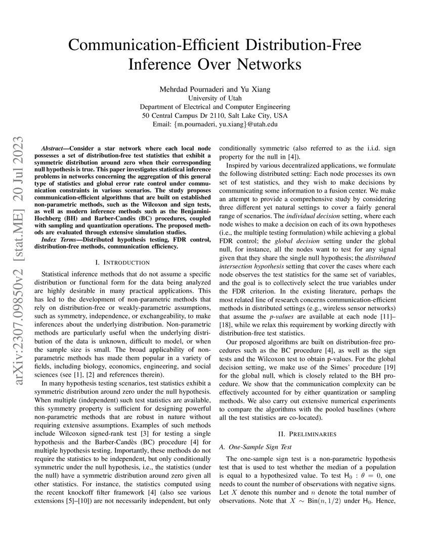 Communication Efficient Distribution Free Inference Over Networks Deepai