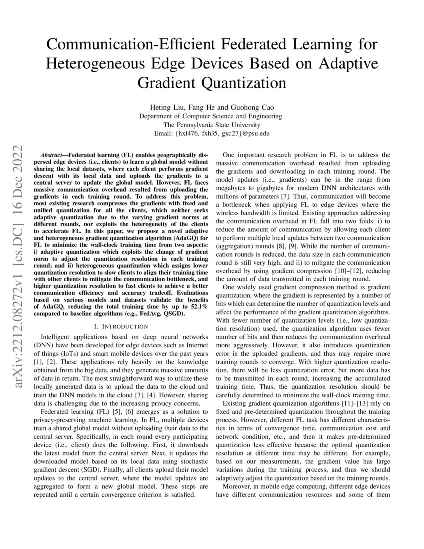 Communication Efficient Federated Learning For Heterogeneous Edge Devices Based On Adaptive 