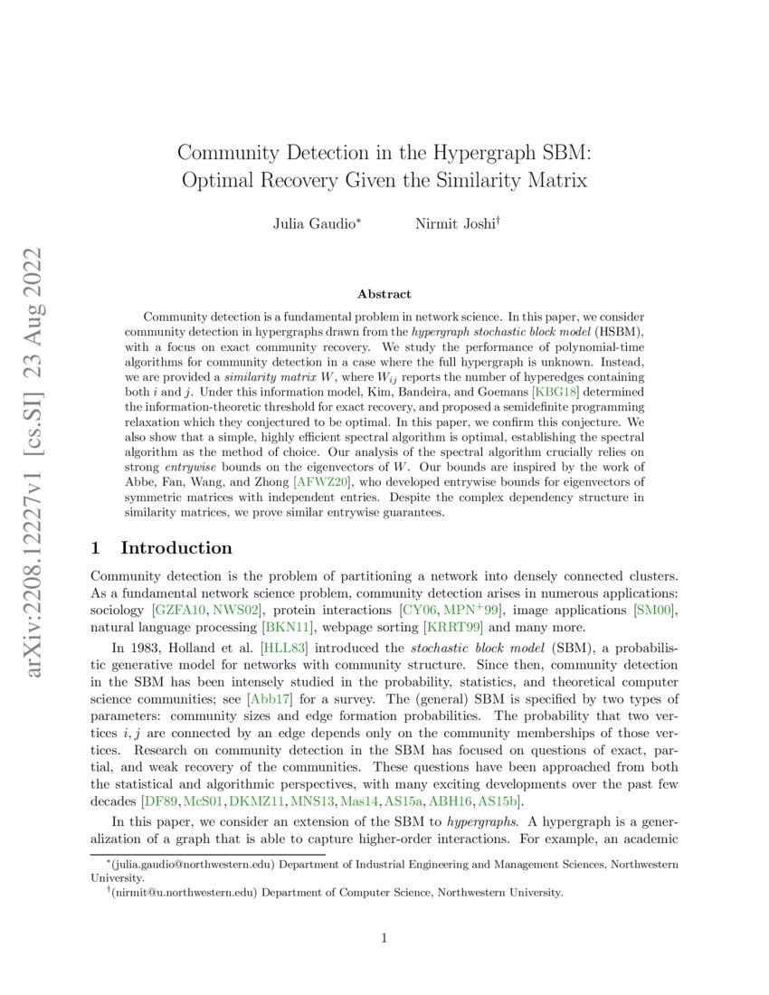 Community Detection in the Hypergraph SBM: Optimal Recovery Given the Similarity Matrix | DeepAI