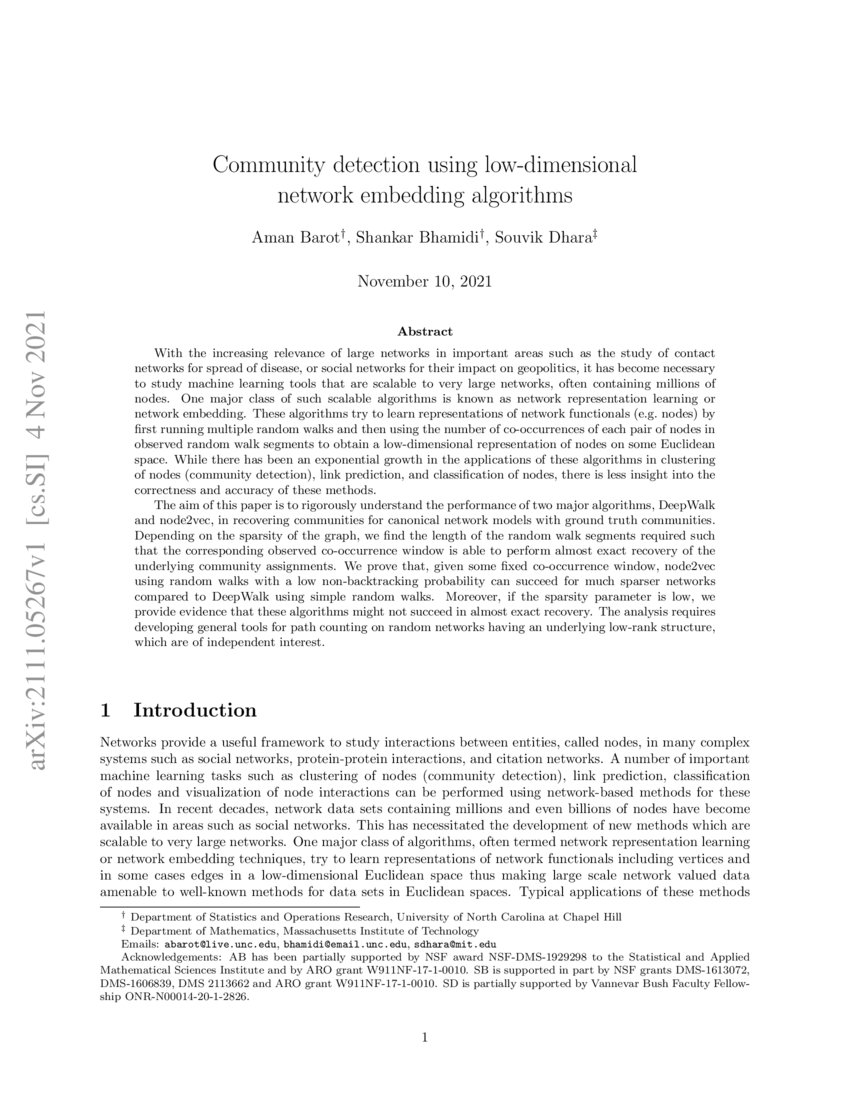 Community Detection Using Low Dimensional Network Embedding Algorithms 6299