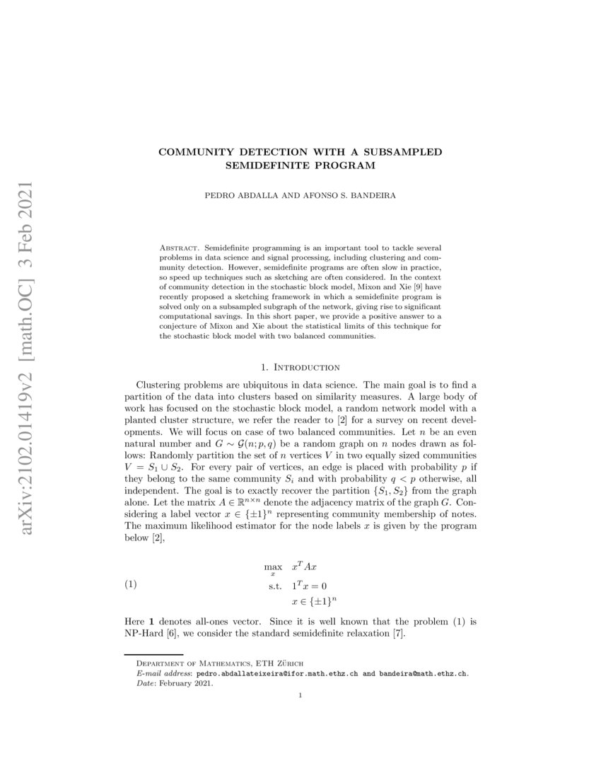 Community Detection With A Subsampled Semidefinite Program Deepai
