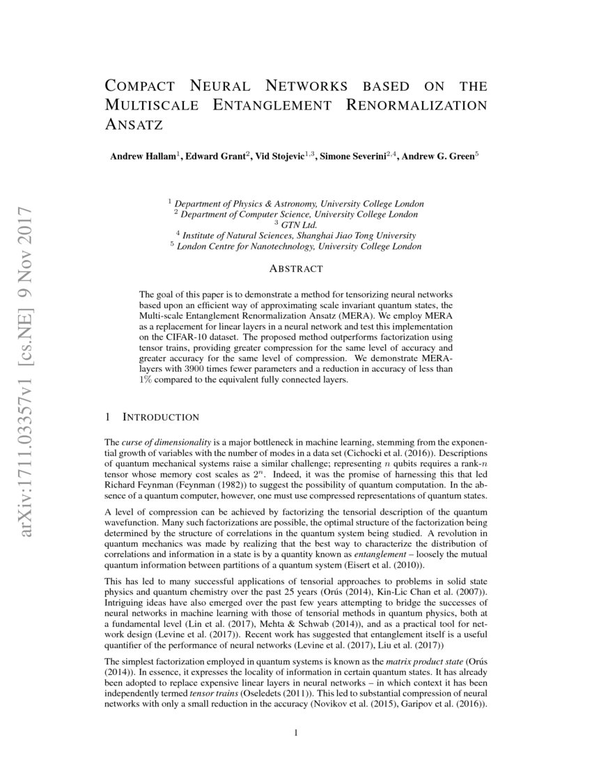 Compact Neural Networks Based On The Multiscale Entanglement