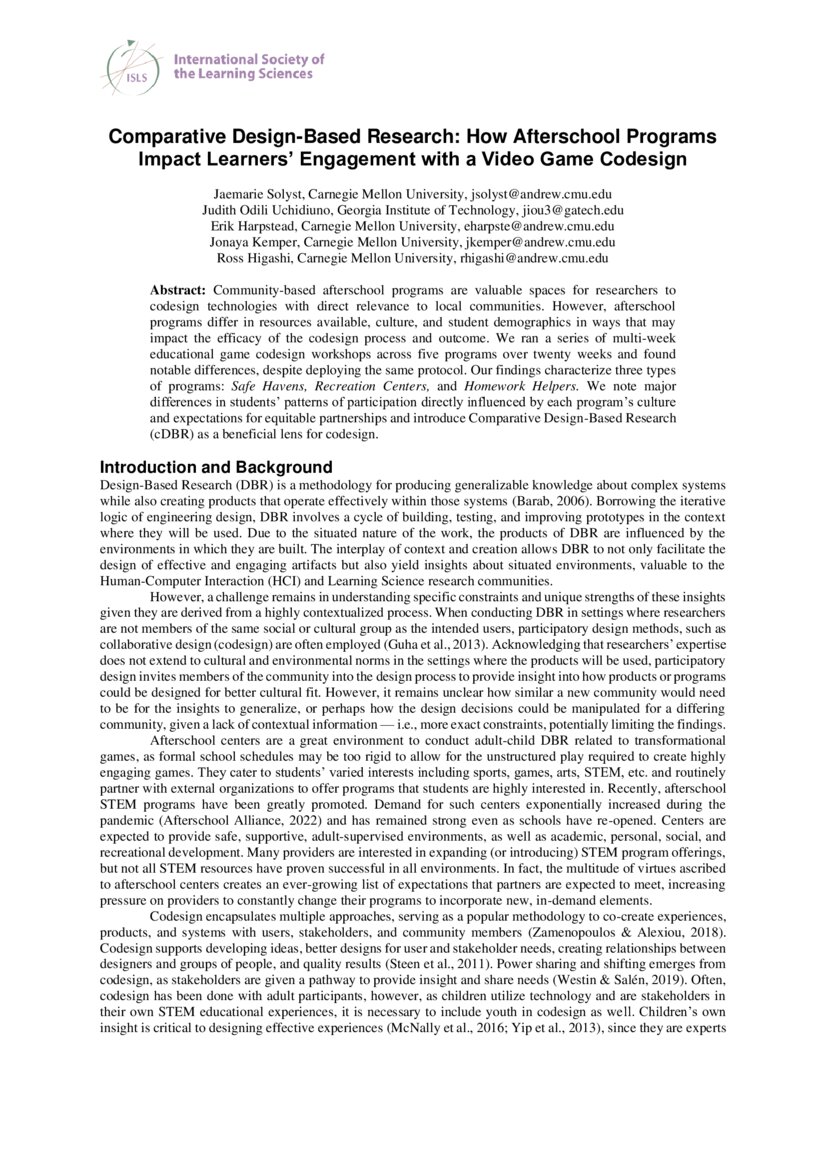 Comparative Design Based Research How Afterschool Programs Impact Learners Engagement With A