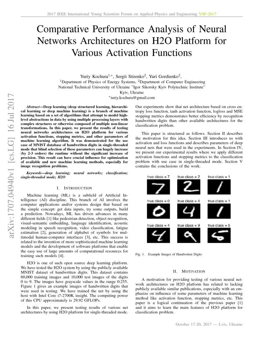 Comparative Performance Analysis Of Neural Networks Architectures On H2o Platform For Various