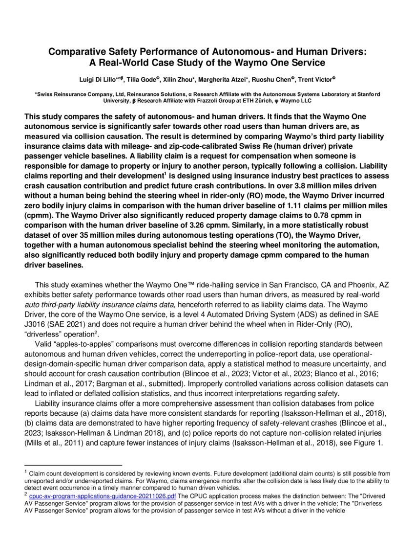 Comparative Safety Performance of Autonomous- and Human Drivers: A Real ...